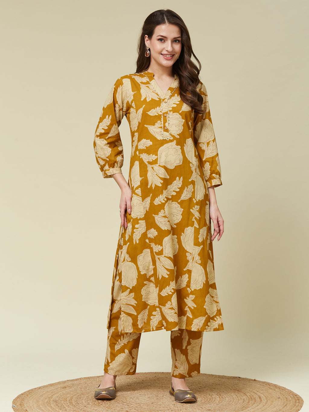 Mustard Cotton Printed Handwork Co-ord Set