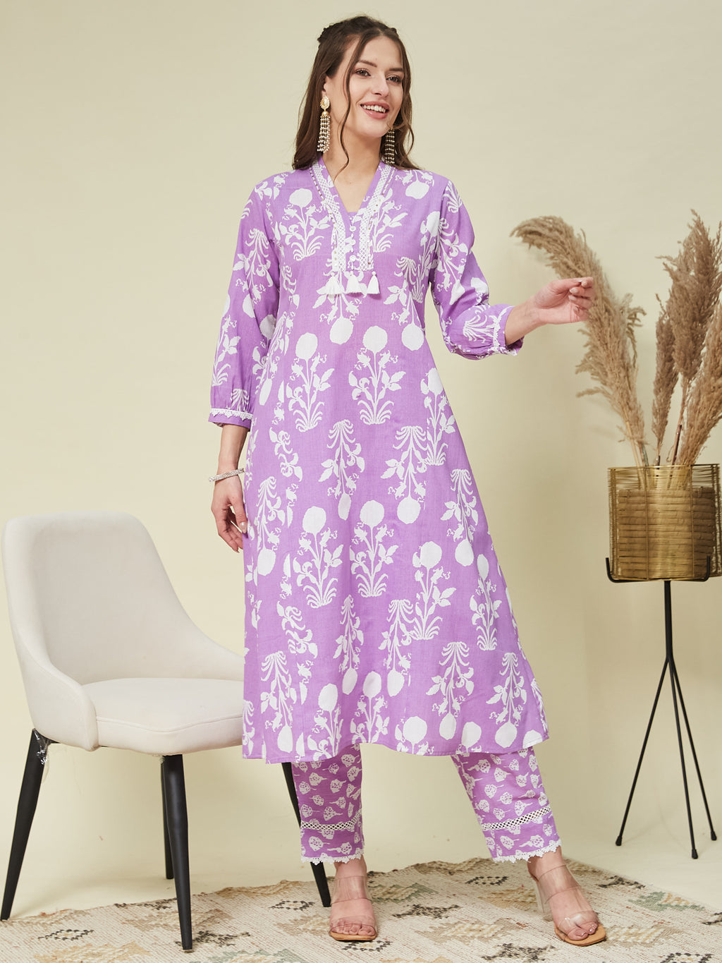 Purple Cotton Printed Handwork Co-ord Set