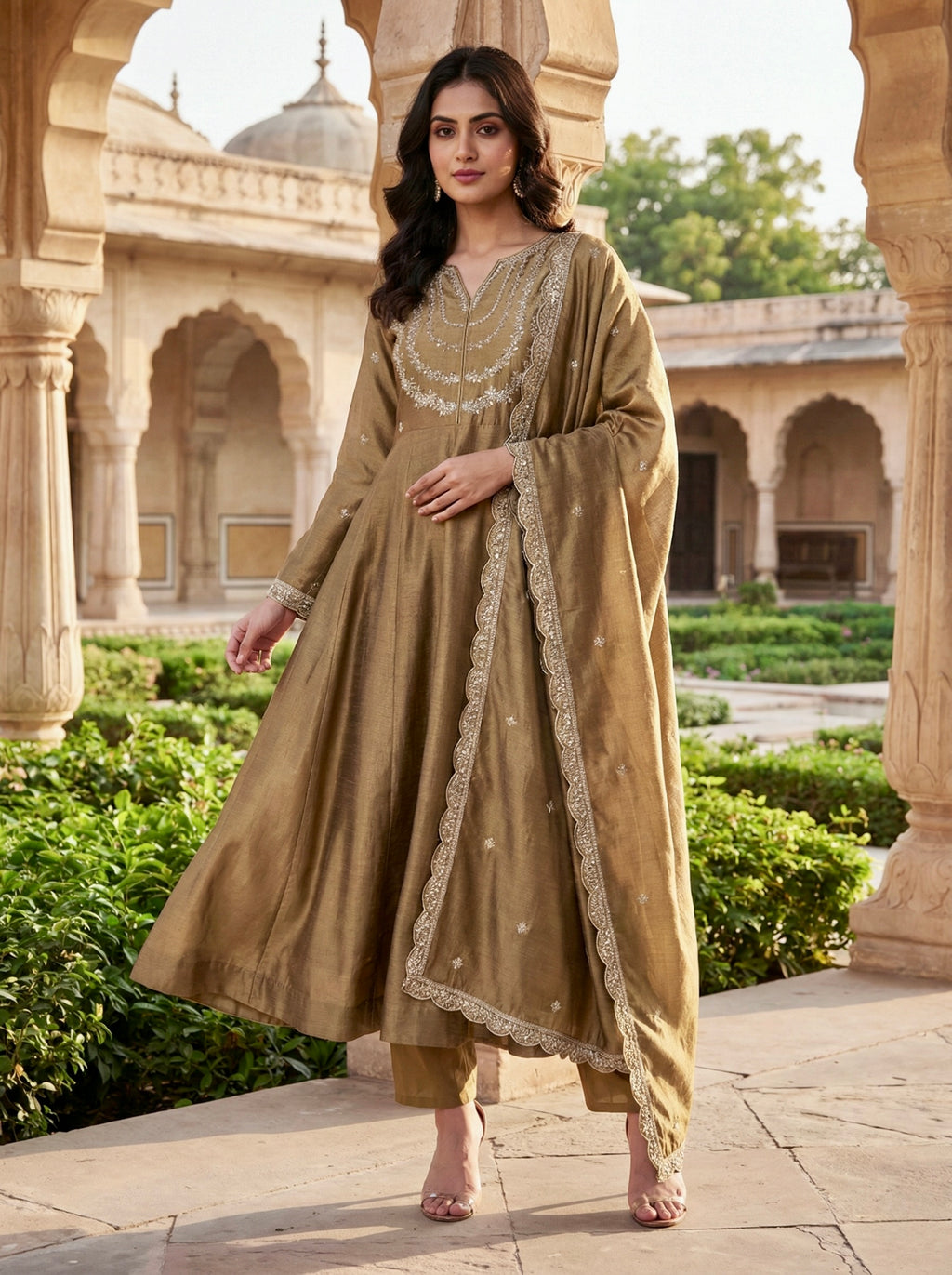Gold Embroidered Silk Anarkali Kurta With Dupatta Set for Women